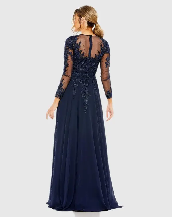 Mac Duggal High Neck Long Sleeve Embellished A-line Gown
