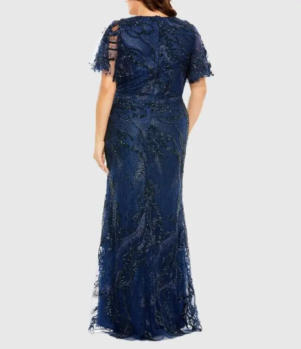 Mac Duggal V-neck Flutter Sleeve Embellished Gown