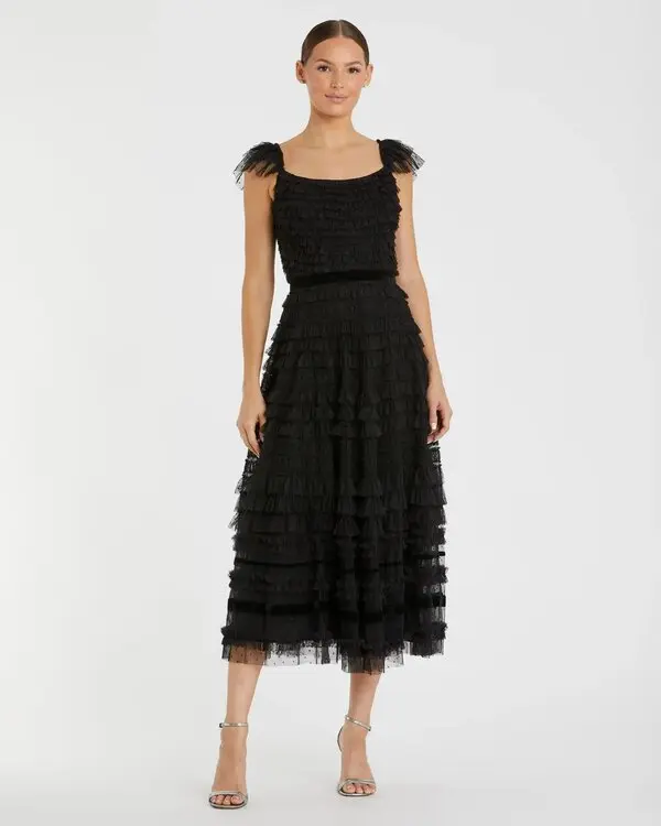 Mac Duggal Ruffle Cap Sleeve Tiered Midi Dress