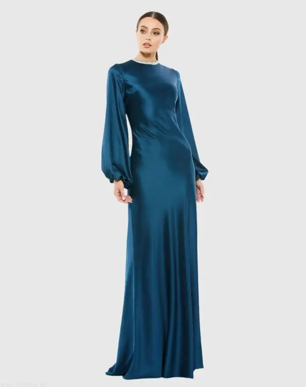 Mac Duggal Beaded High Neck Bishop Sleeve Satin Gown - Blue