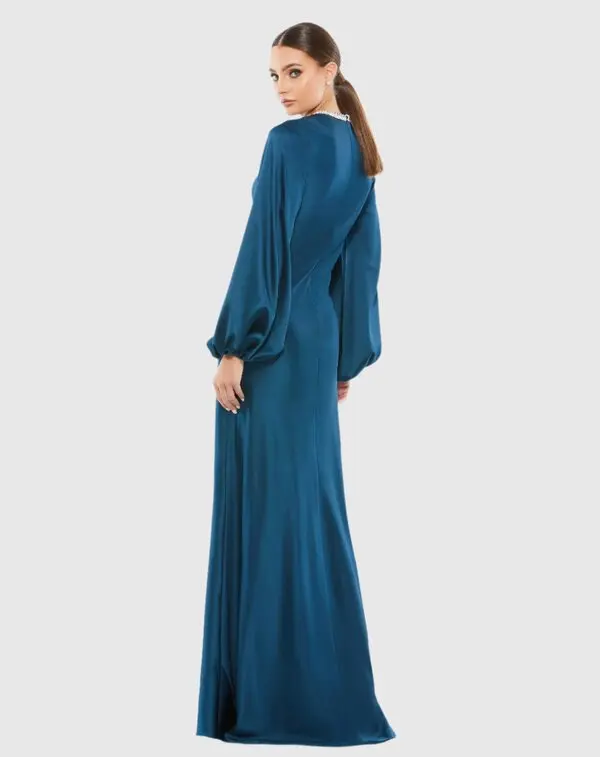 Mac Duggal Beaded High Neck Bishop Sleeve Satin Gown - Blue