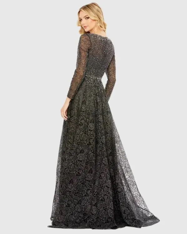 Mac Duggal Embellished Illusion Long Sleeve V Neck Gown - Gray