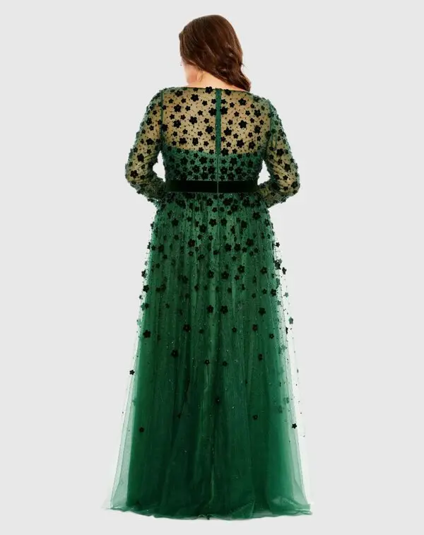 Mac Duggal Velvet Floral Appliqu Long Sleeve A-Line Gown - Green |  Editorialist