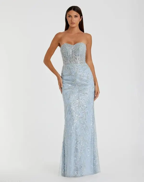 Mac Duggal Beaded Sequin Strapless Trumpet Gown - Blue