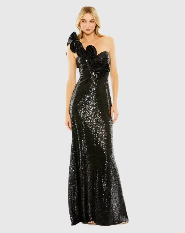 Mac Duggal Sequin Ruffled One Shoulder Gown - Black