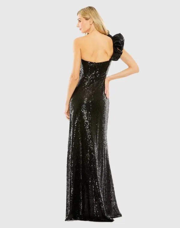 Mac Duggal Sequin Ruffled One Shoulder Gown - Black