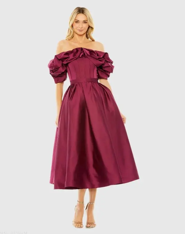 Mac Duggal Satin Off-The-Shoulder Tea-Length Gown - Red | Editorialist