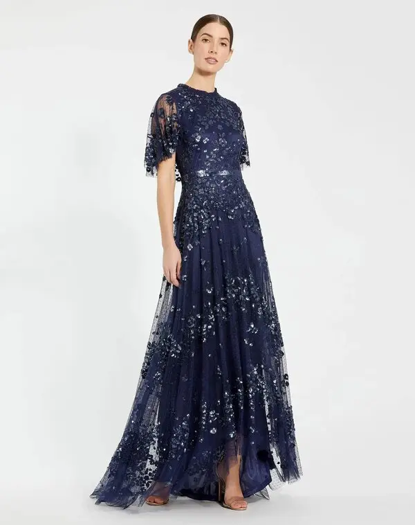 Mac Duggal Sequined A-line Gown With Flutter Sleeves