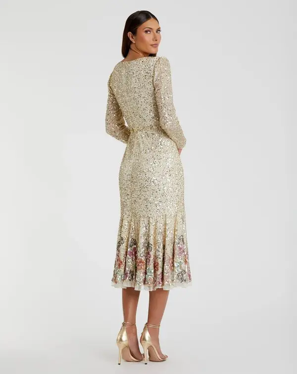 Mac Duggal Embellished Faux Wrap Tea-length Dress - Gold | Editorialist
