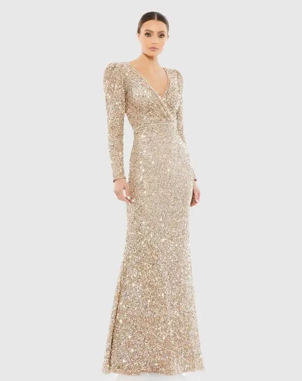 Mac Duggal Sequin Embellished Column Gown With Puff Sleeves - Gold