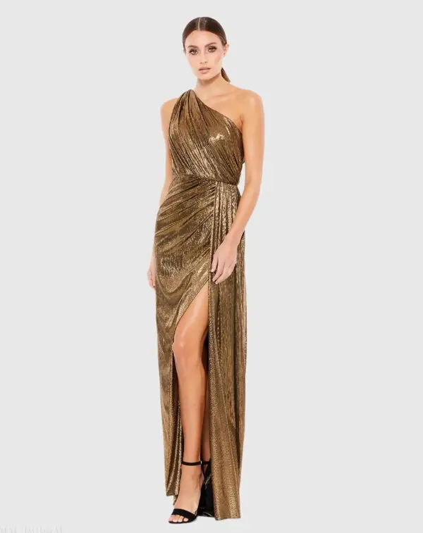 Mac Duggal One-shoulder Draped Metallic Gown - Gold