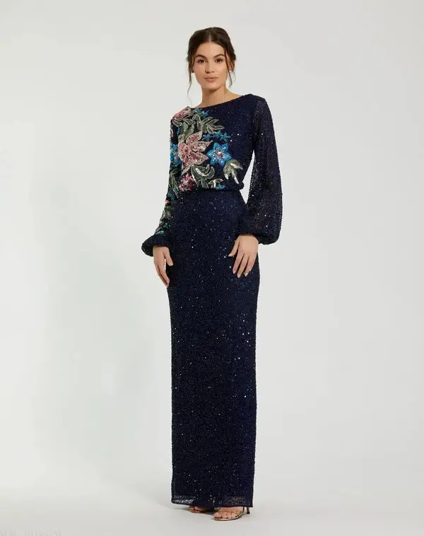 Mac Duggal High Neck Long Sleeve Sequin Gown - Navy