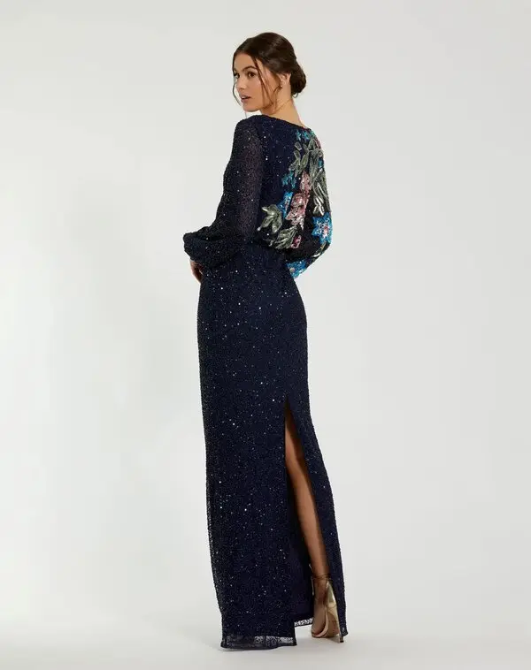 Mac Duggal High Neck Long Sleeve Sequin Gown - Navy