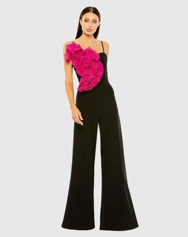 Mac Duggal Oversized Ruffle Wide Leg Jumpsuit - Black Fuchsia