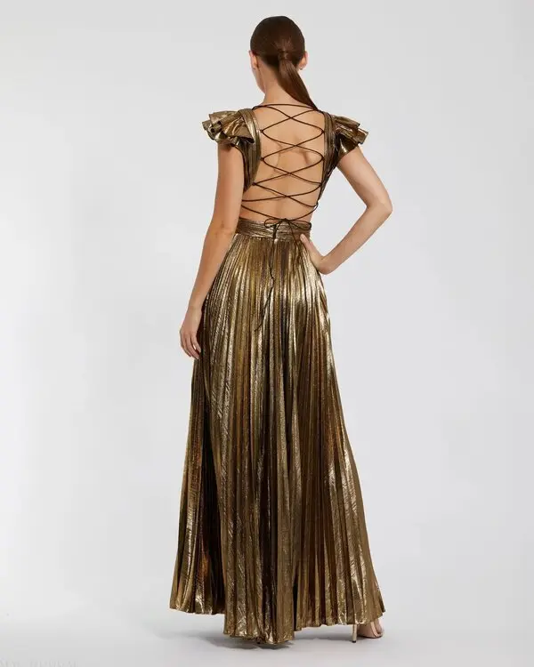 Mac Duggal Ruffle Sleeve Cutout Pleated Metallic Gown - Gold