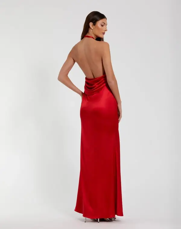 Mac Duggal Fitted Halter Gown With 3d Flower - Red