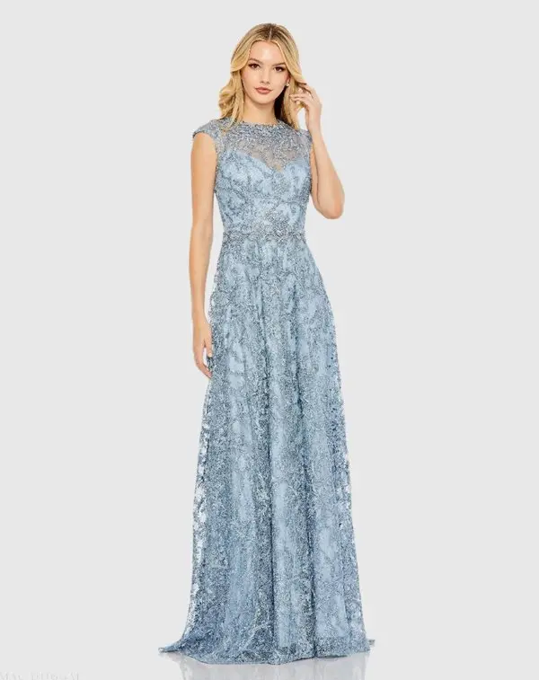 Mac Duggal Embroidered Cap Sleeve A-line Gown - Blue