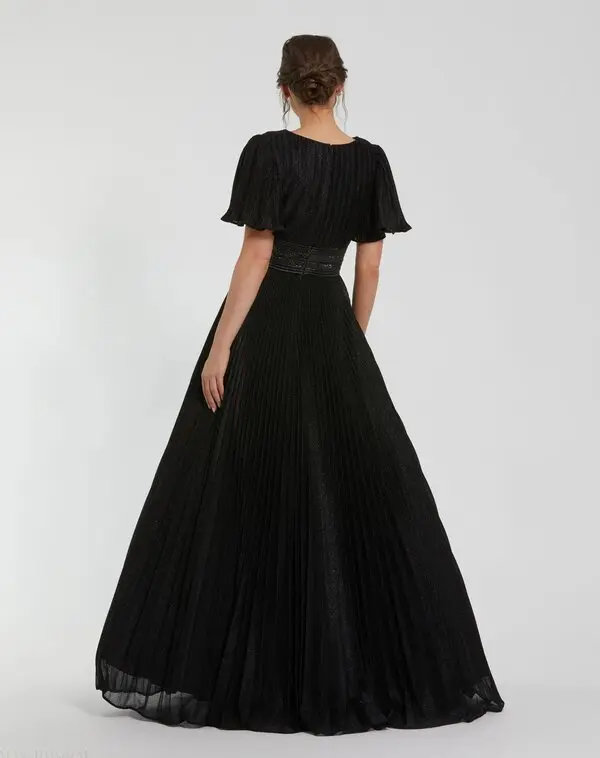 Mac Duggal Pleated Shimmering Ball Gown With Flutter Sleeves - Black
