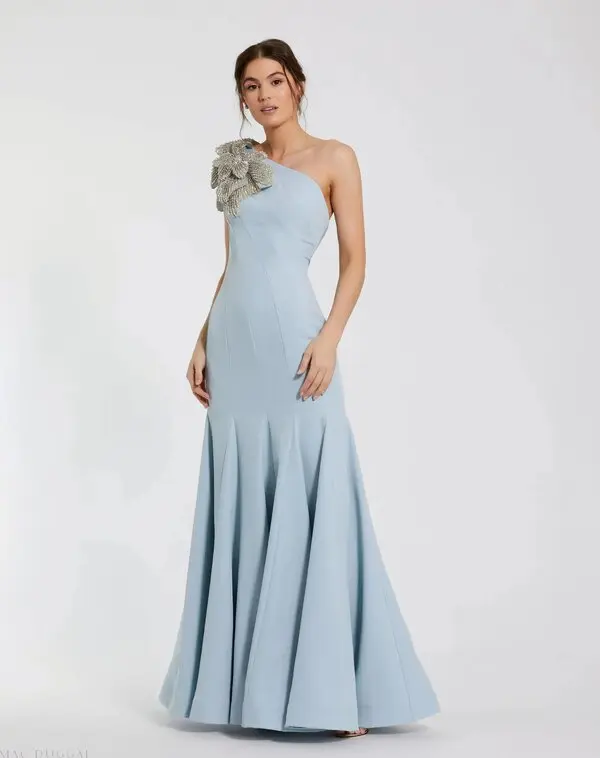 Mac Duggal One Shoulder Crepe Gown With Crystal Flower Embellishment - Blue