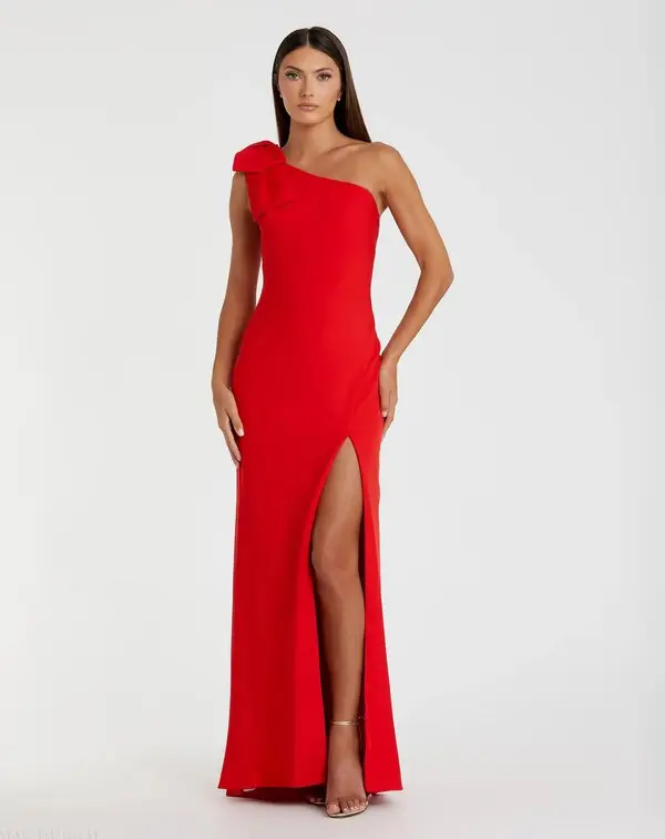 Mac Duggal Crepe One-shoulder Bow Gown