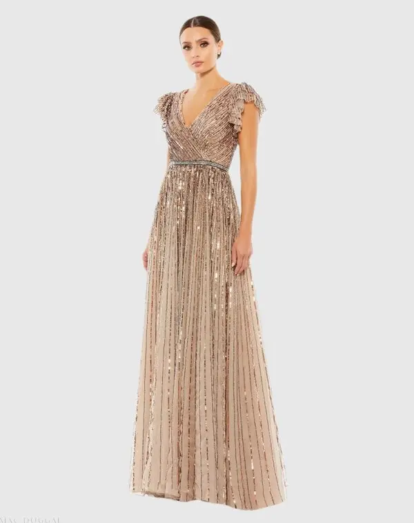 Mac Duggal Sequined Wrap-over Gown With Ruffled Cap Sleeves - Neutral