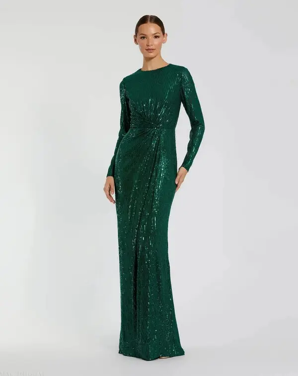 Mac Duggal Sequined Long Sleeve Side Knot Gown - Green