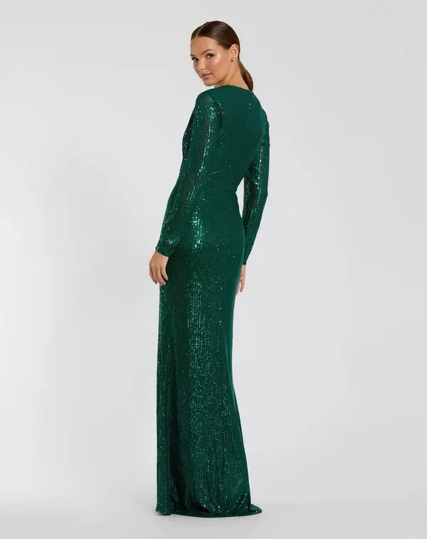 Mac Duggal Sequined Long Sleeve Side Knot Gown - Green