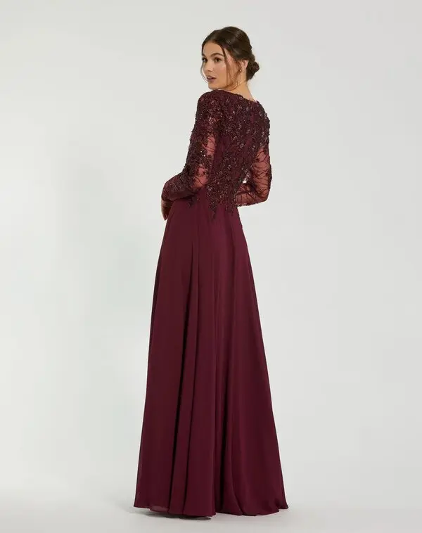 Mac Duggal Embellished Illusion V-Neck Long Sleeve Gown - Red | Editorialist