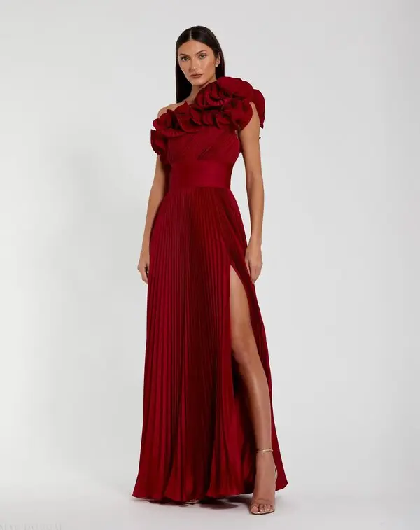Mac Duggal One Shoulder Ruffled Charmeuse Gown - Red