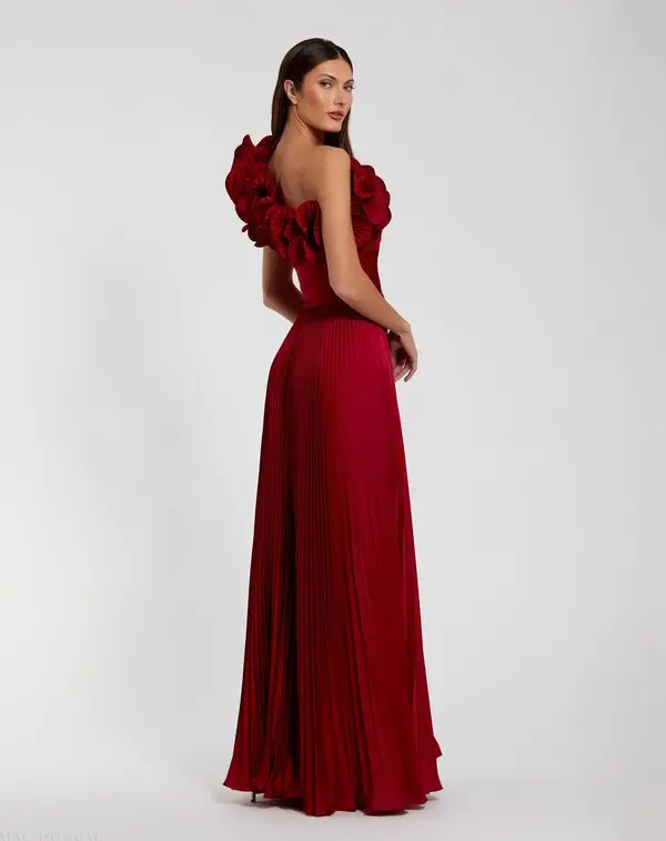 Mac Duggal One Shoulder Ruffled Charmeuse Gown - Red
