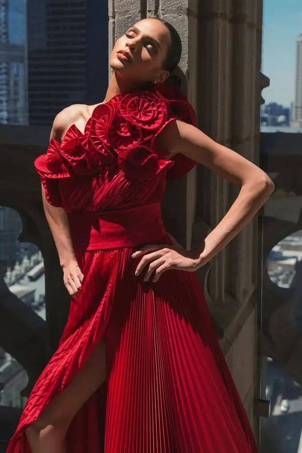 Mac Duggal One Shoulder Ruffled Charmeuse Gown - Red