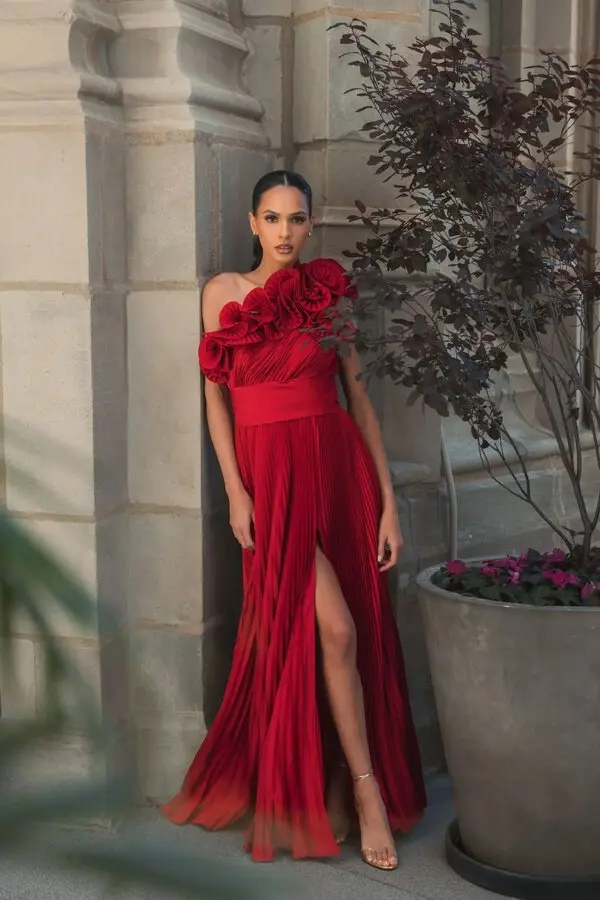 Mac Duggal One Shoulder Ruffled Charmeuse Gown - Red