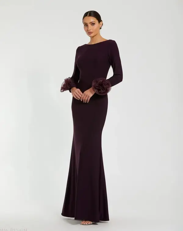 Mac Duggal Long Sleeve Fitted Jersey Gown With 3d Flowers - Purple