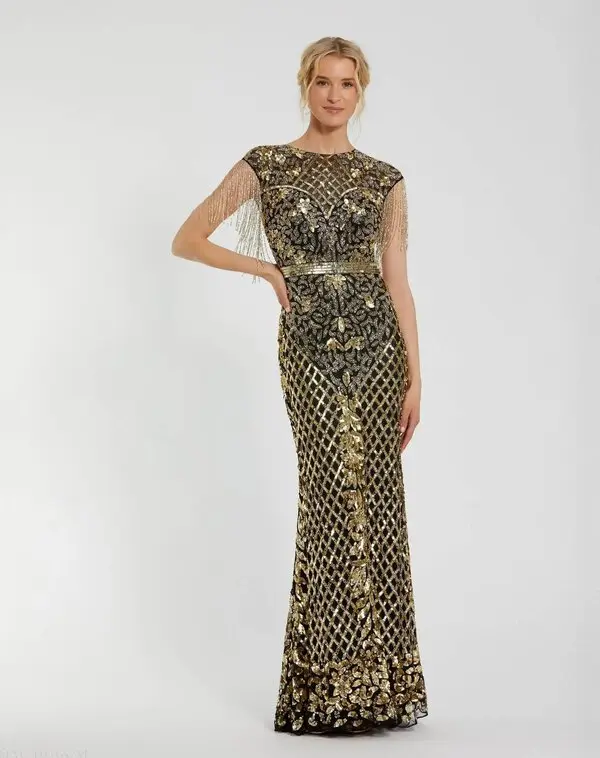 Mac Duggal High Neck Beaded Fringe Fitted Gown