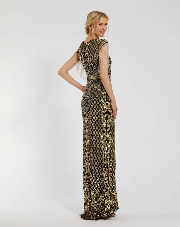 Mac Duggal High Neck Beaded Fringe Fitted Gown