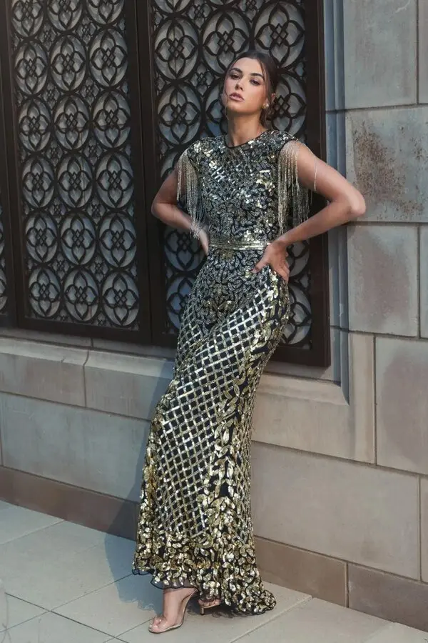 Mac Duggal High Neck Beaded Fringe Fitted Gown