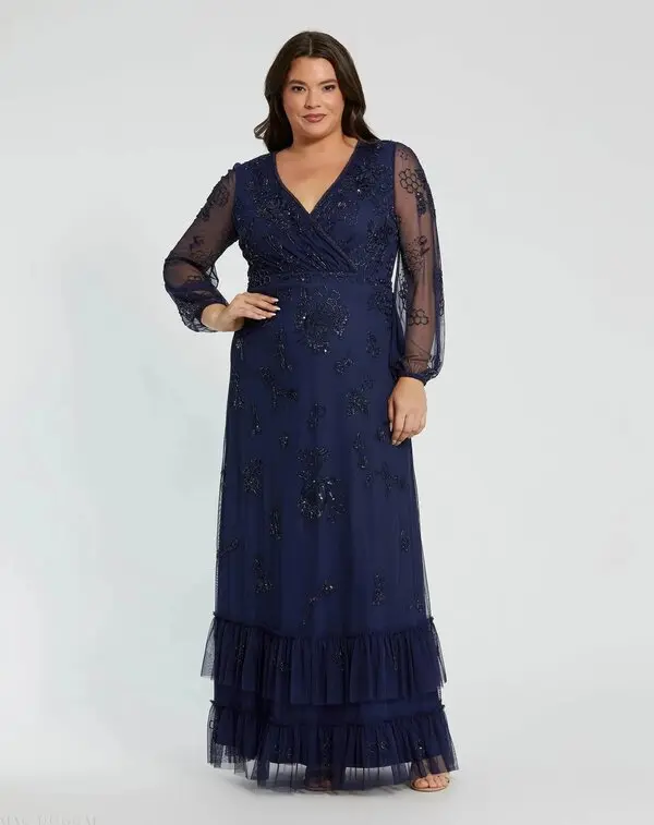 Mac Duggal Puff Sleeve V-neck Tiered Embellished Gown - Navy