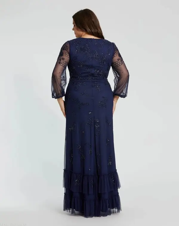 Mac Duggal Puff Sleeve V-neck Tiered Embellished Gown - Navy