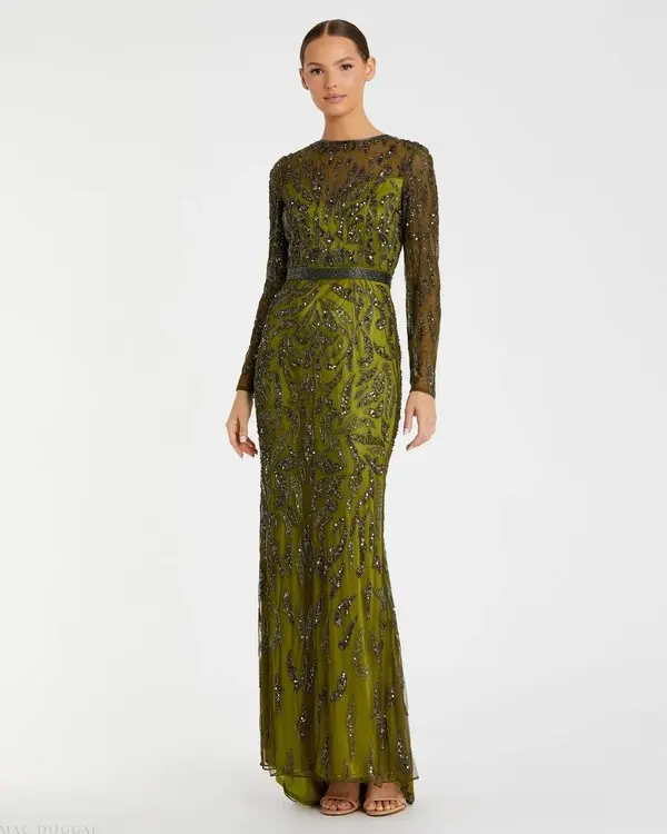 Mac Duggal Beaded Long Sleeve Evening Gown - Green