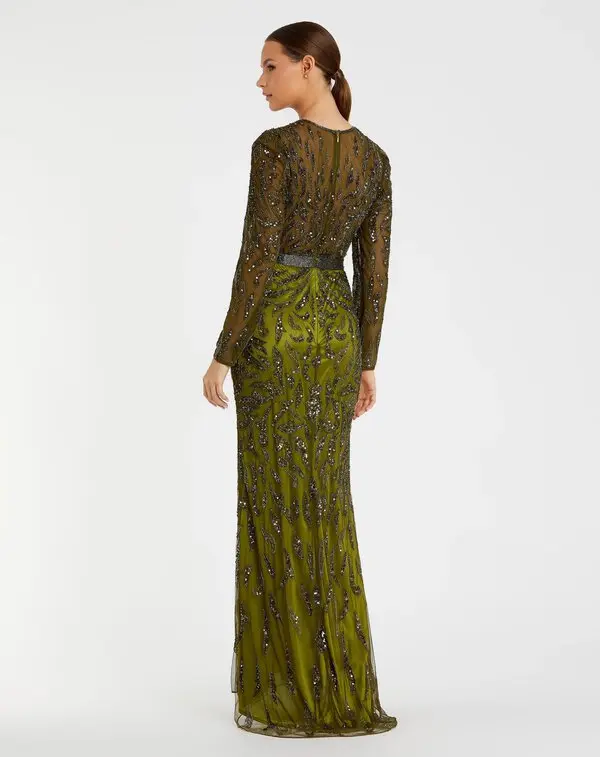 Mac Duggal Beaded Long Sleeve Evening Gown - Green