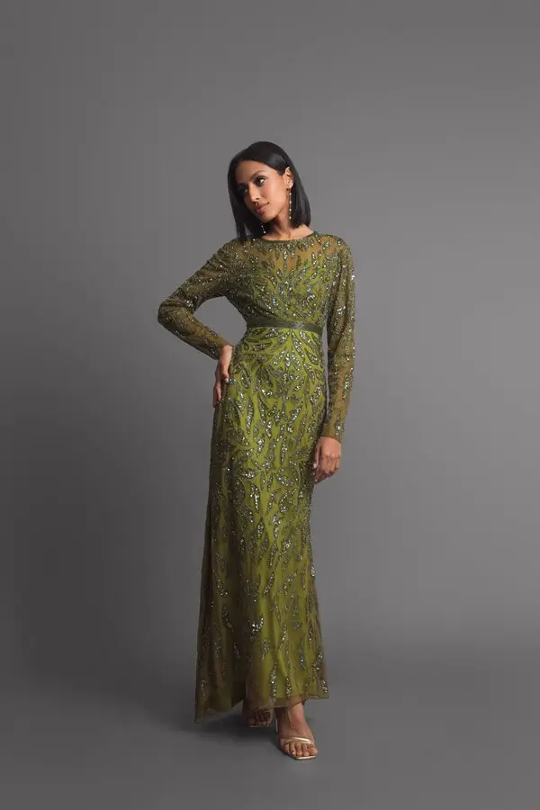 Mac Duggal Beaded Long Sleeve Evening Gown - Green