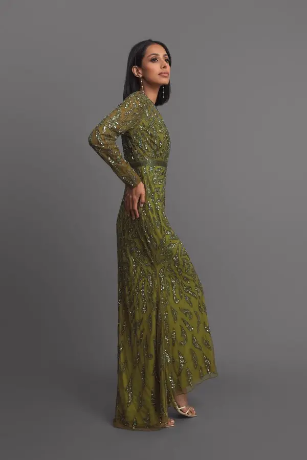 Mac Duggal Beaded Long Sleeve Evening Gown - Green