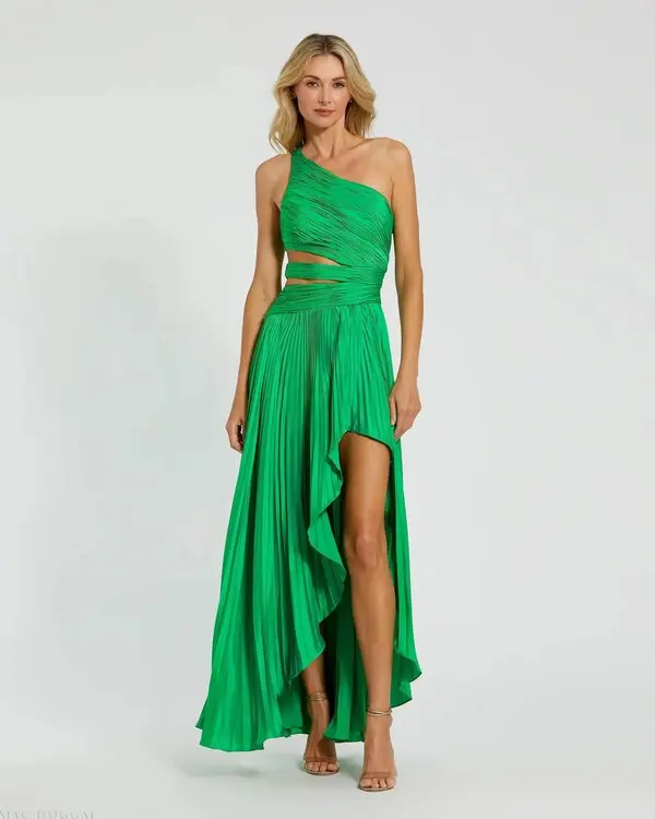 Mac Duggal One-shoulder Pleated Charmeuse Gown With Slit