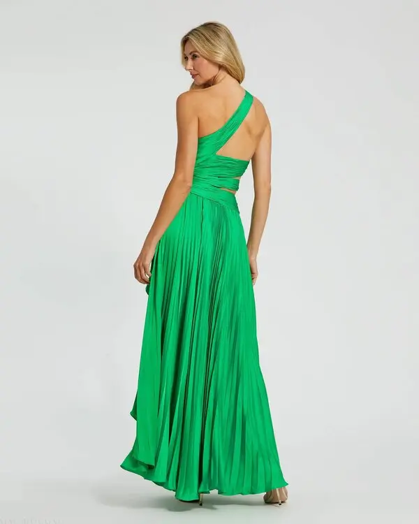 Mac Duggal One-shoulder Pleated Charmeuse Gown With Slit