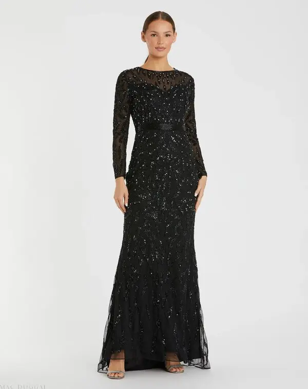 Mac Duggal Long Sleeve Beaded Evening Gown - Black