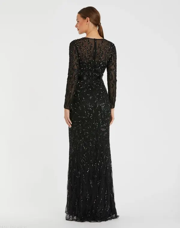 Mac Duggal Long Sleeve Beaded Evening Gown - Black
