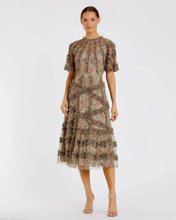 Mac Duggal Floral Midi Dress With Ruffle Detailing