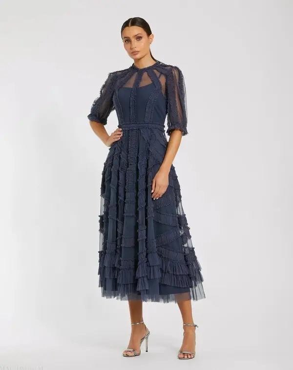 Mac Duggal High Neck Ruffled Tiered A-line Midi Dress - Navy
