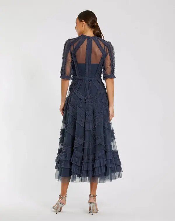 Mac Duggal High Neck Ruffled Tiered A-line Midi Dress - Navy