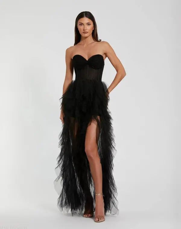 Mac Duggal Strapless Gown With Spiral Ruffles And Thigh-high Slit - Black